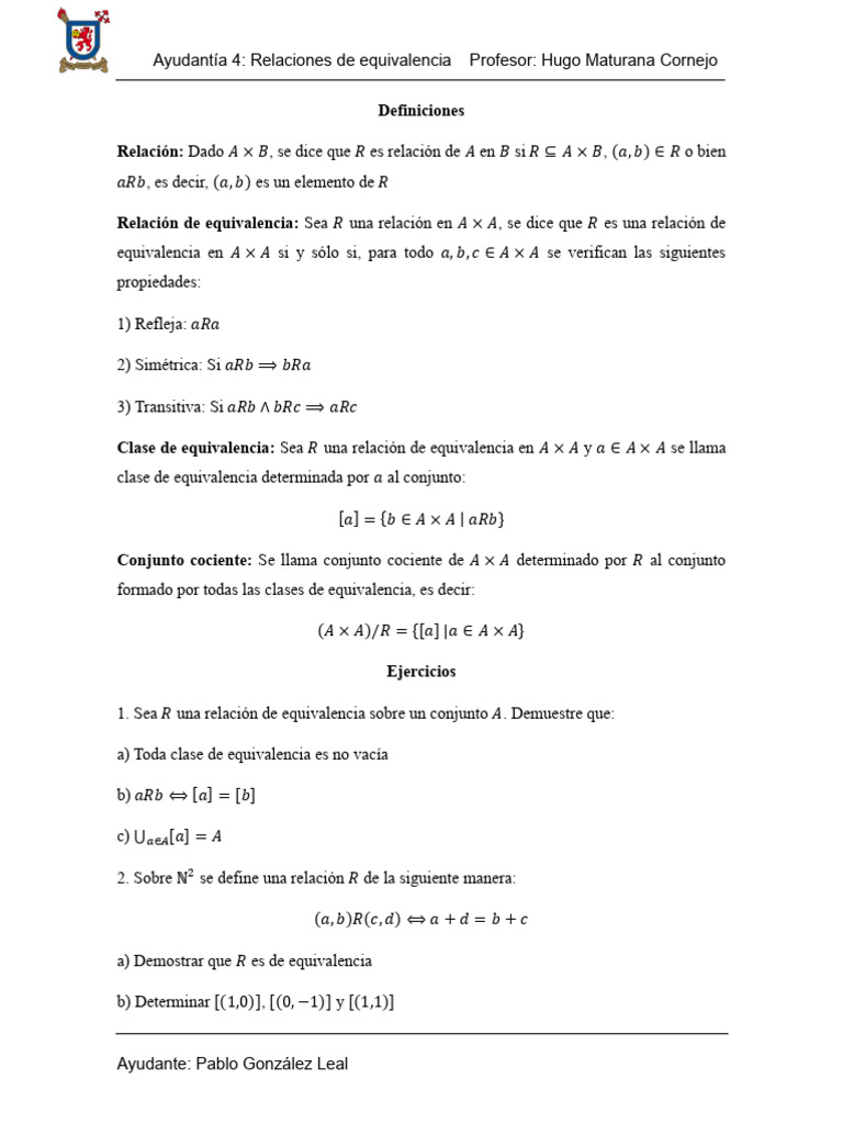 Pauta Ayudantía 4: Relaciones de equivalencia | PDF