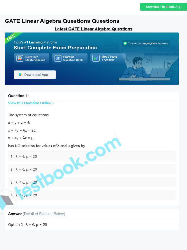 Gate Linear Algebra Questions 63a3fc4481f6f7acaab84f43 | PDF