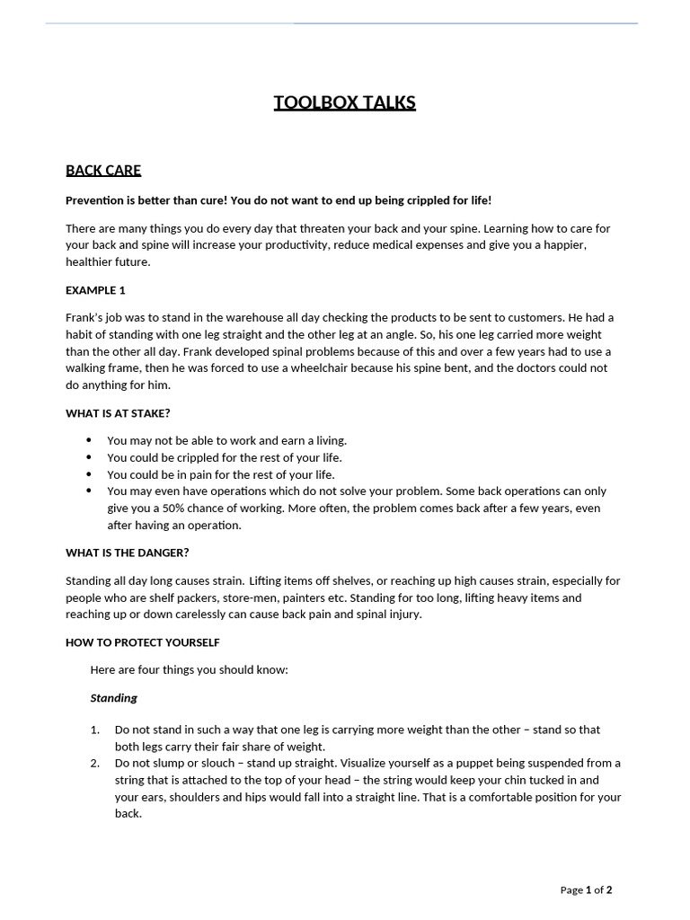 Toolbox Talks - Back Care - 2021 | PDF