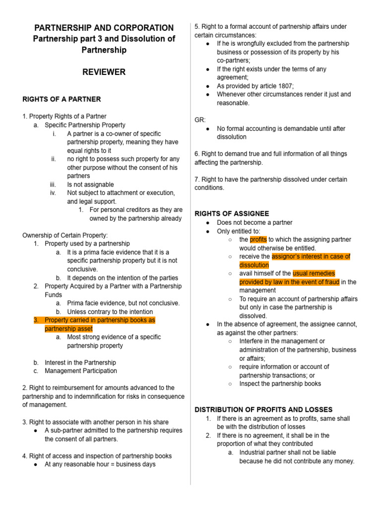 ParCor - Partnership Part 3 and Dissolution of Partnership - Reviewer | PDF | Partnership ...