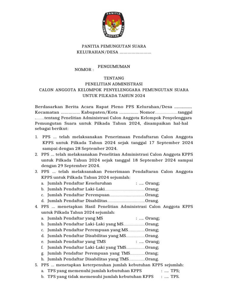 Template Pengumuman Hasil Penelitian Administrasi Calon KPPS | PDF