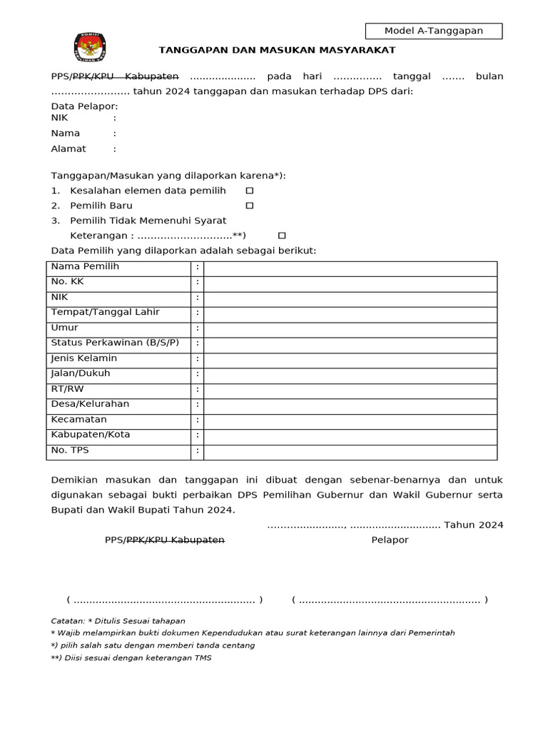 Model a-tanggapan Dps Pilkada 2024 | PDF