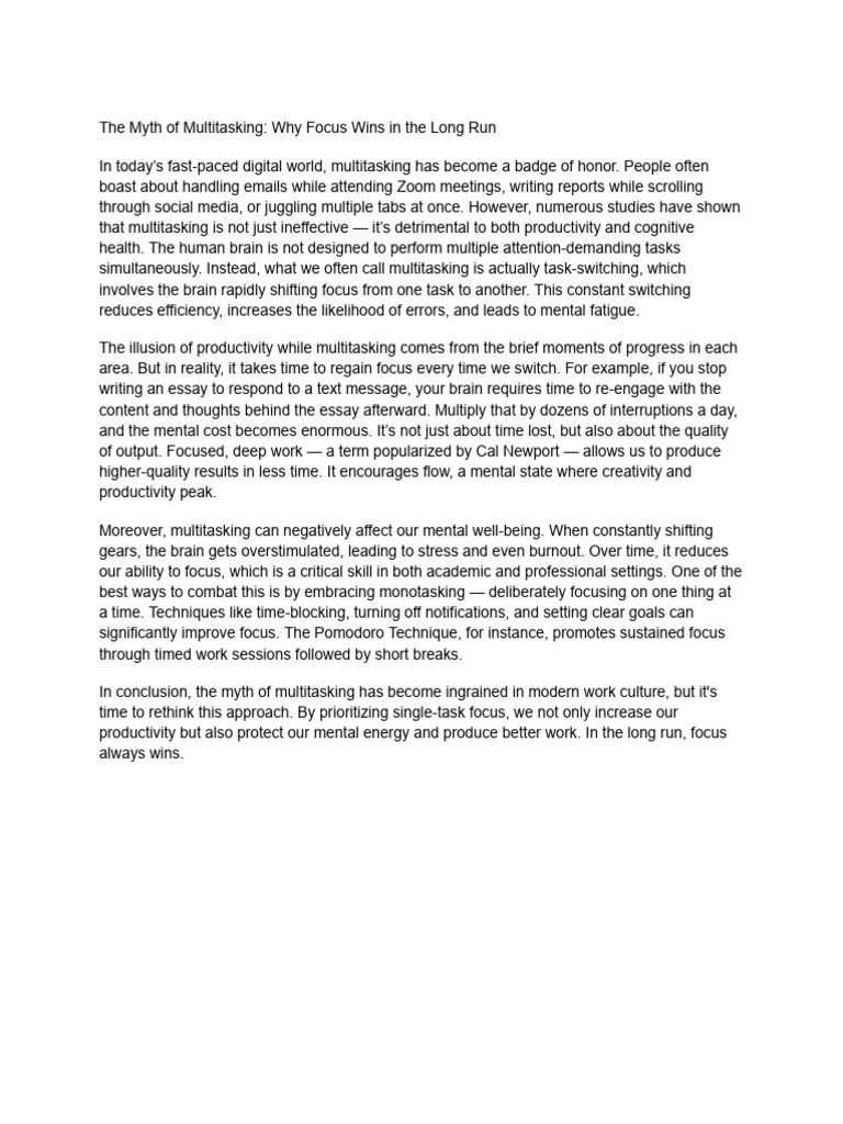 The Myth of Multitasking - Why Focus Wins in The Long Run | PDF
