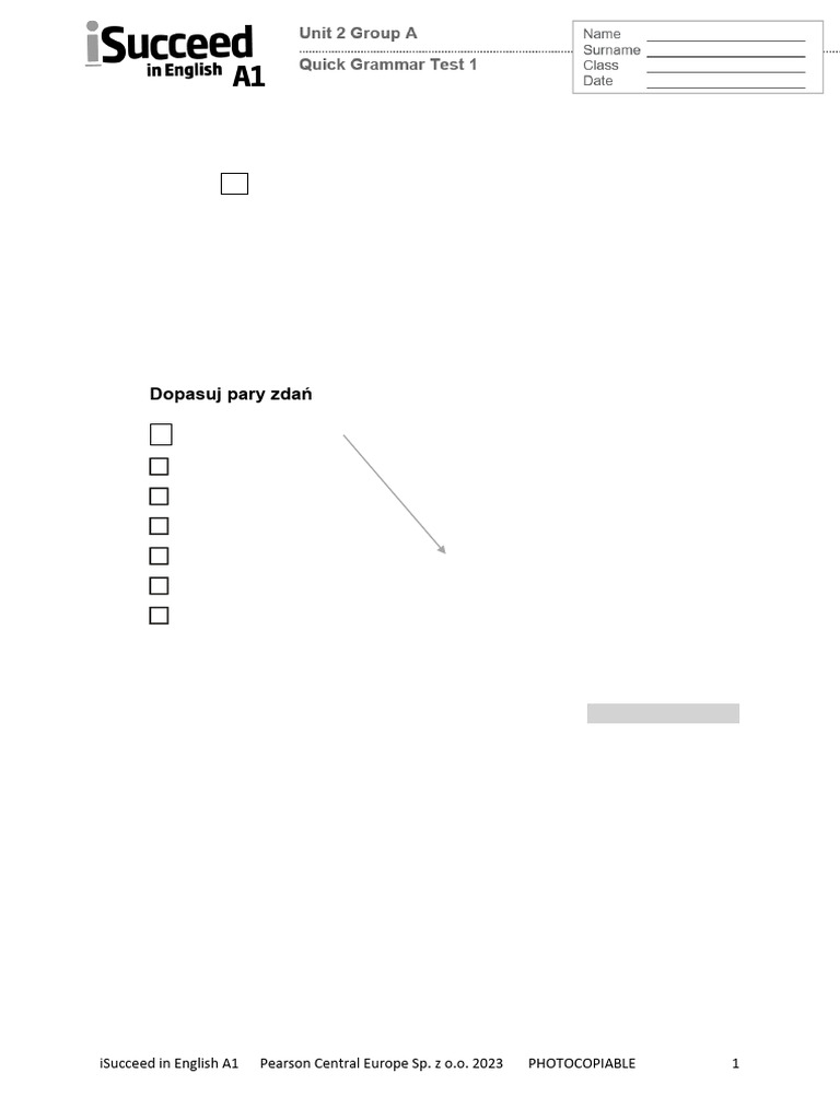 ISucceed A1 Unit 2 Quick Grammar Test 1 Group A Final | PDF