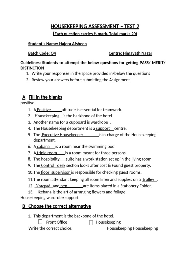 Housekeeping Assessment Test 2 | PDF | Housekeeping | Hygiene