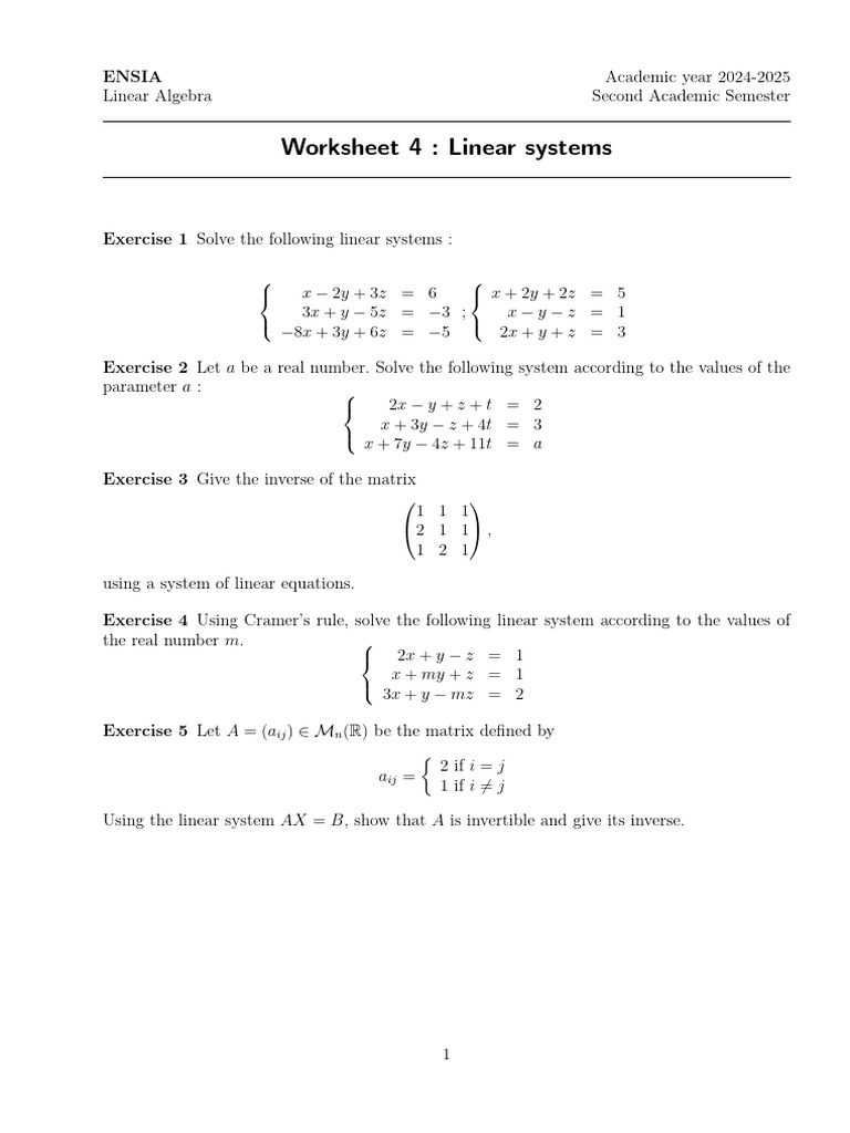 Worksheet 4: Linear Systems: Ensia | PDF