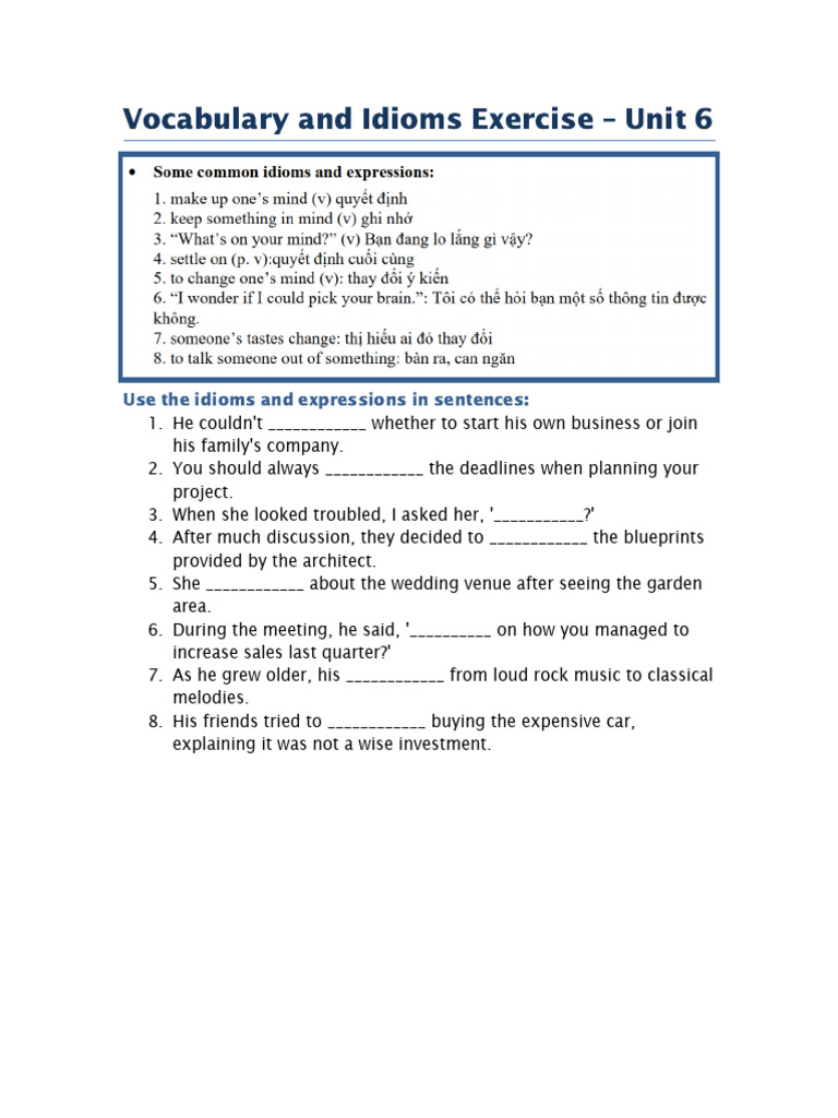 Vocabulary and Idioms Exercise - Unit 6 | PDF