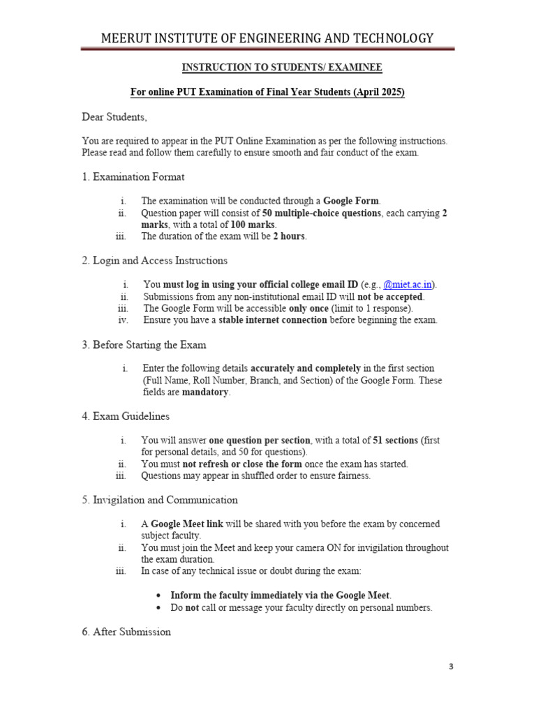 PUT Exam Instructions for Final Year Students | PDF