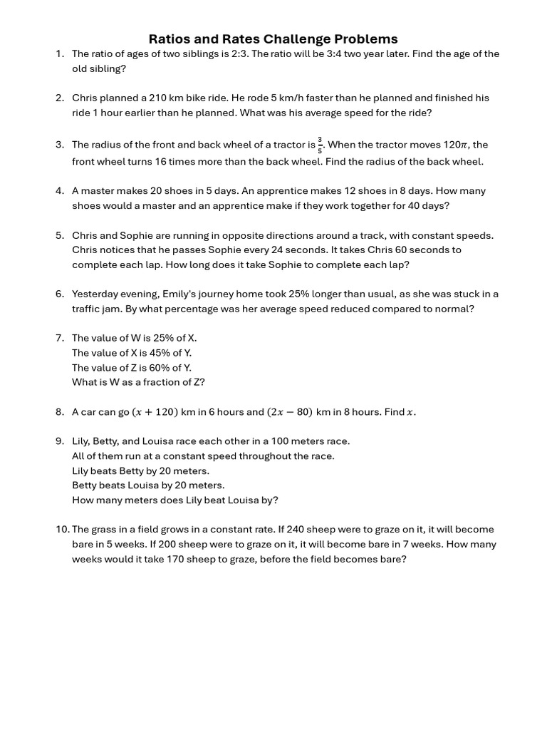 Ratios and Rates Math Challenge Problems | PDF