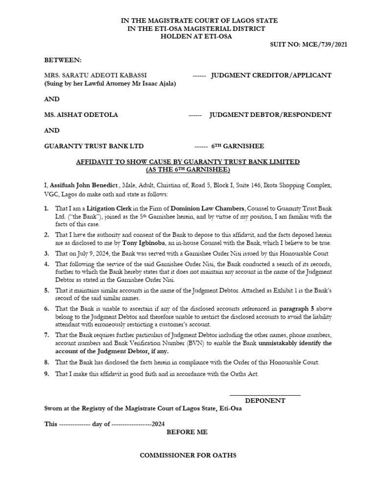 Affidavit to Show Cause by Bank | PDF | Affidavit | Judgment (Law)