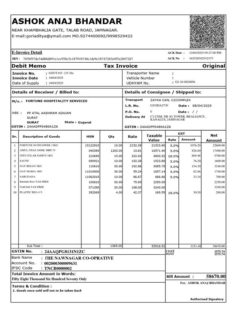 Ashok Anaj Bhandar Apr-25 | PDF | Invoice | Foods