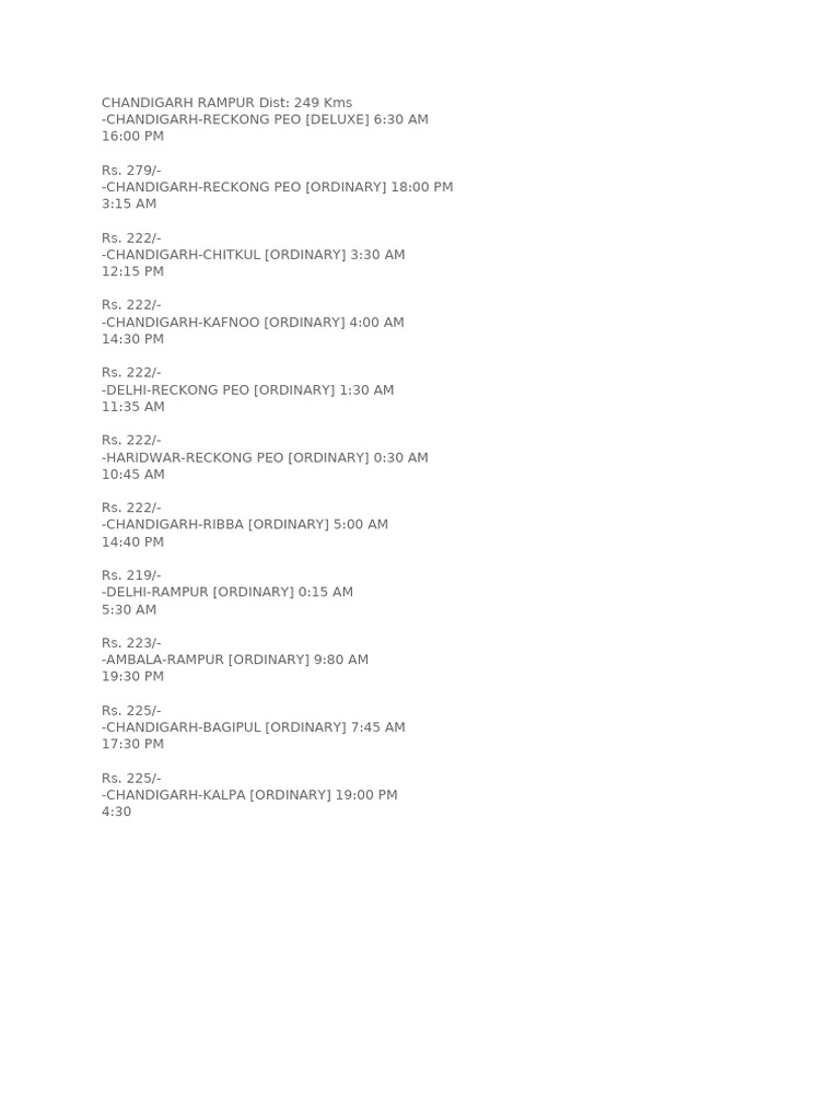 Chandigarh - Rampur Bus Timings | PDF