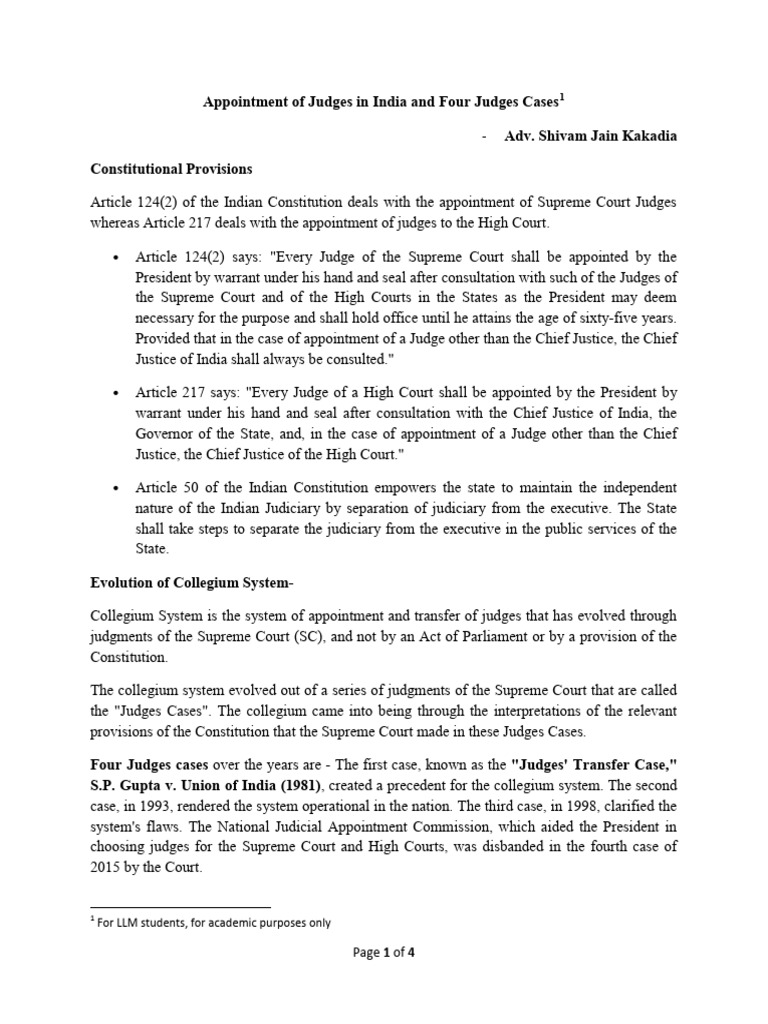 Judges Appointment in India: Collegium System | PDF | Supreme Court Of ...