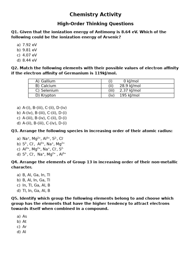 Chemistry Periodic Table HOTS Question Grade X ICSE | PDF