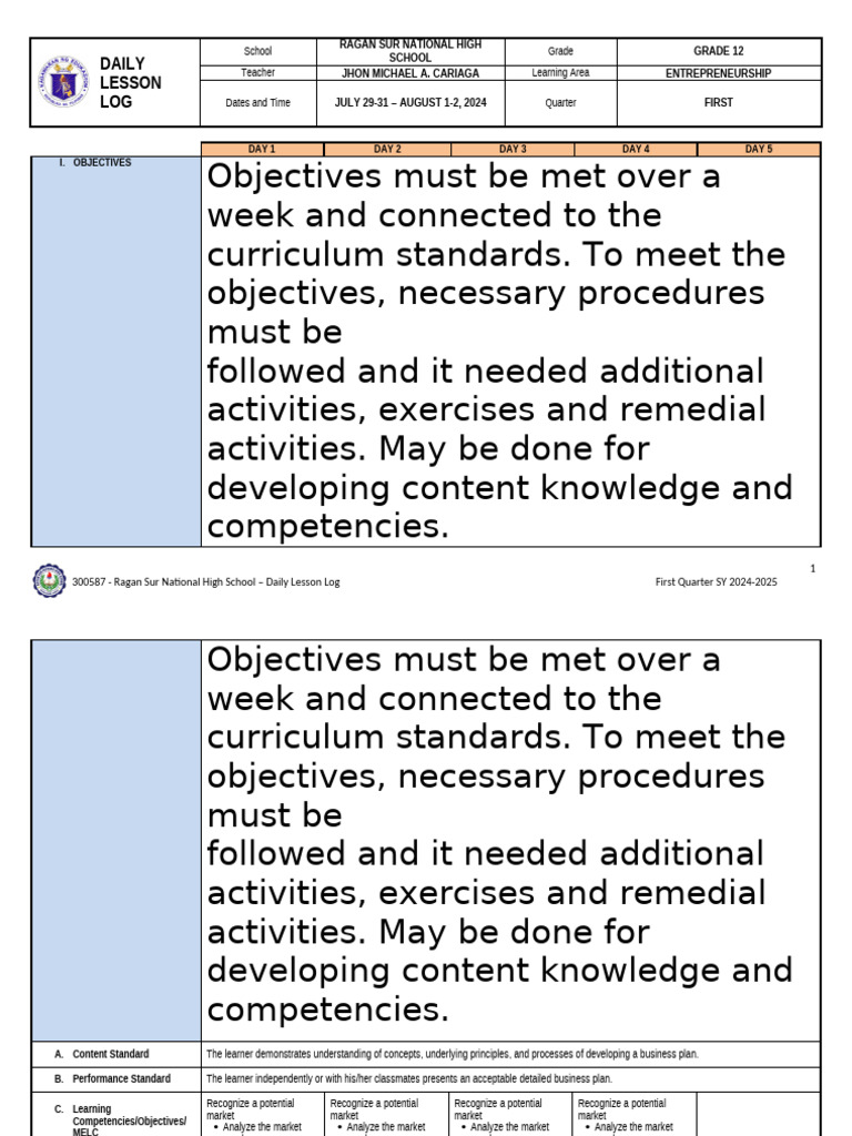 DLL in ENTREP Q1 SY 2024-2025 WEEK 4 | PDF | Learning | Pedagogy