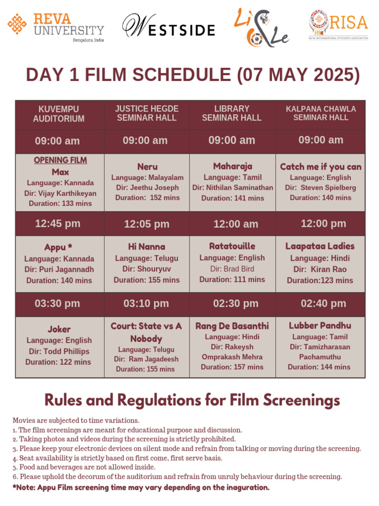 Movie Screening Schedule of Li and Le 2025 | PDF