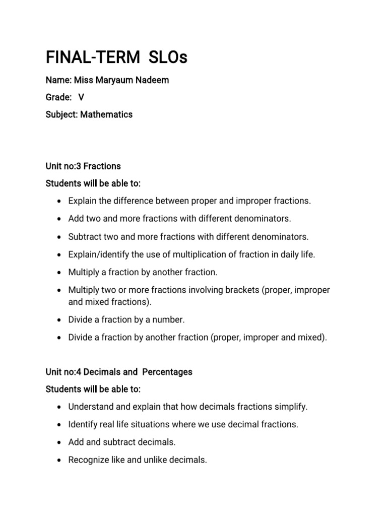 Final-Term Maths SLOs (5th) | PDF | Area | Triangle