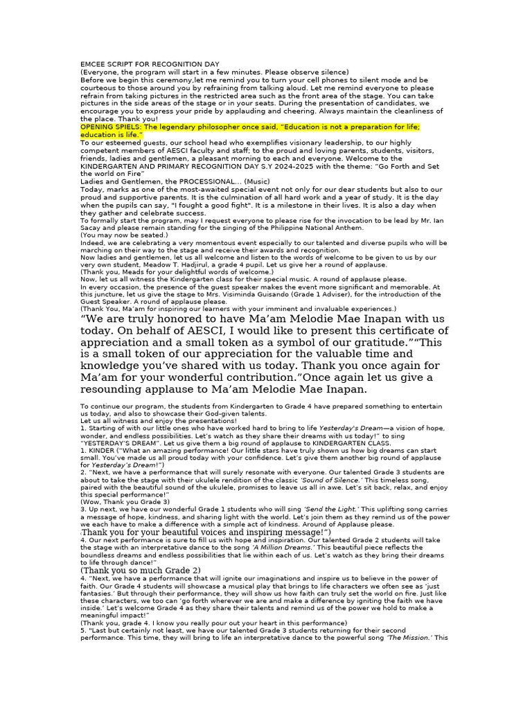 EMCEE SCRIPT FOR RECOGNITION DAY | PDF