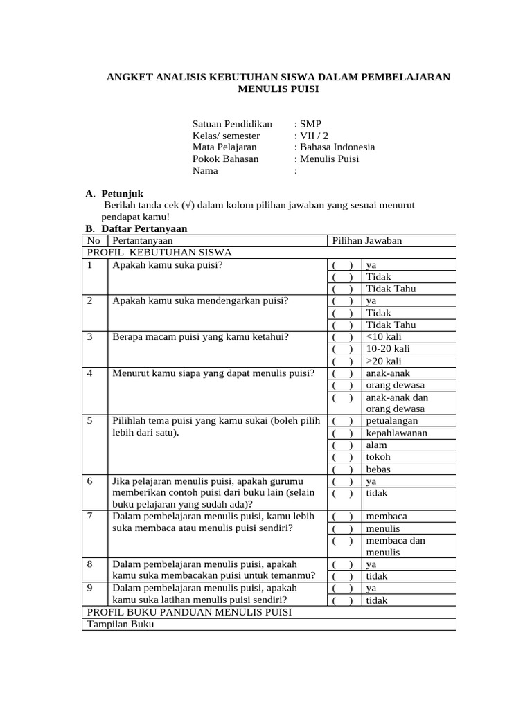 Angket Kebutuhan Siswa | PDF