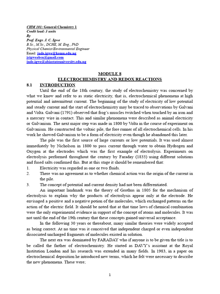CHM 101 Module 8 Electrochemistry and Redox Reactions | PDF | Redox ...