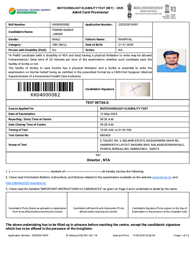 Biotechnology Eligibility Test (Bet) | PDF | Identity Document