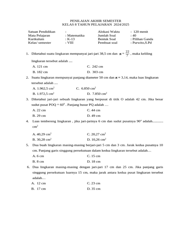 PAS MTK Kelas 8 24-25 | PDF
