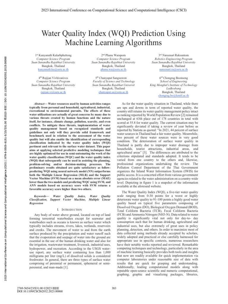 Water Quality Index WQI Prediction Using Machine Learning Algorithms | PDF | Support Vector ...