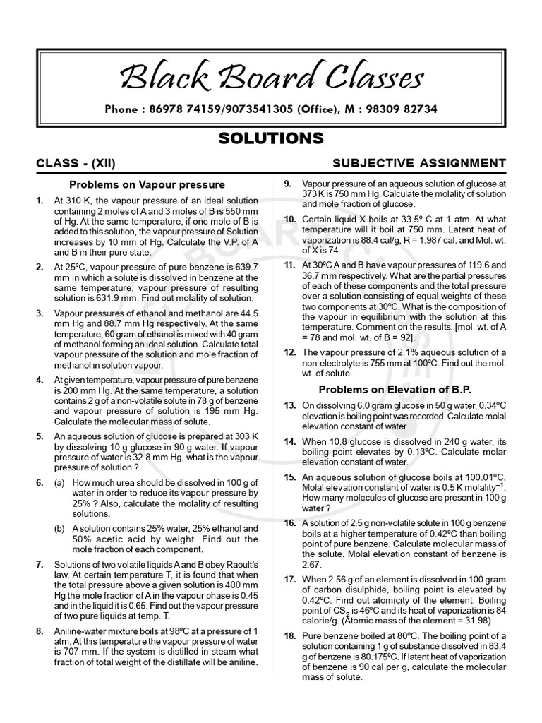 SOLUTIONS Class (XII) Subjective Assignment QUES | PDF | Vapor | Distillation