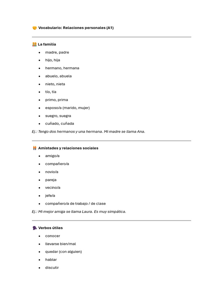 Vocabulario de Relaciones Personales A1 | PDF