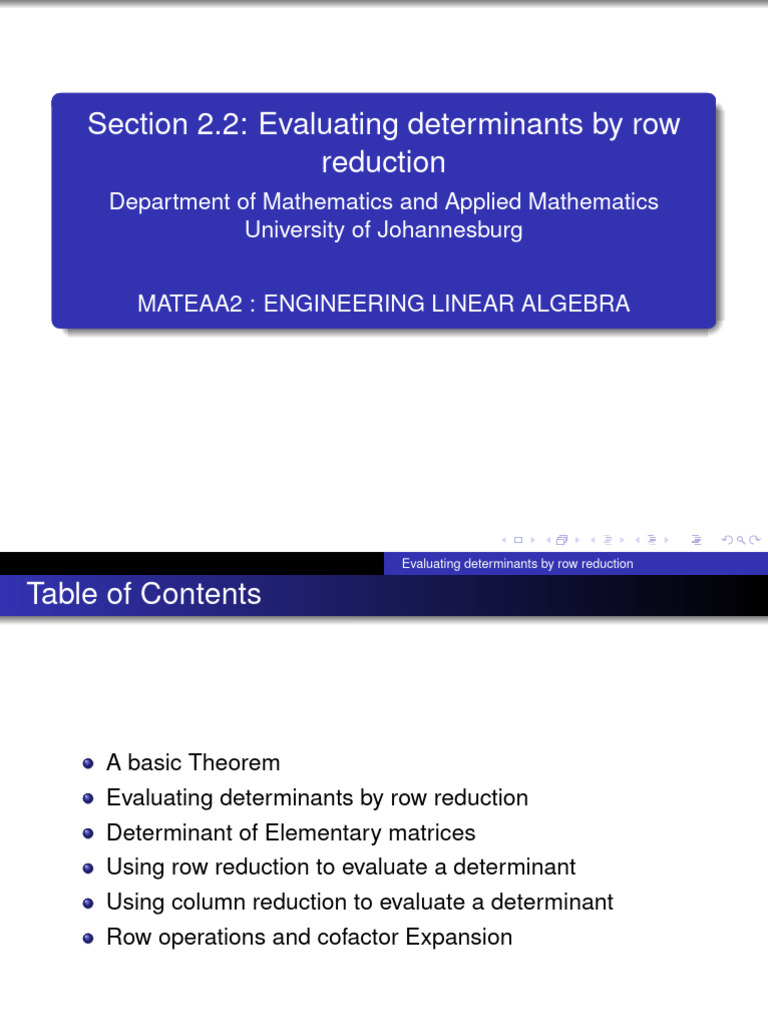 2.2 Evaluating Determinants by Row Reduction | PDF | Determinant | Matrix (Mathematics)