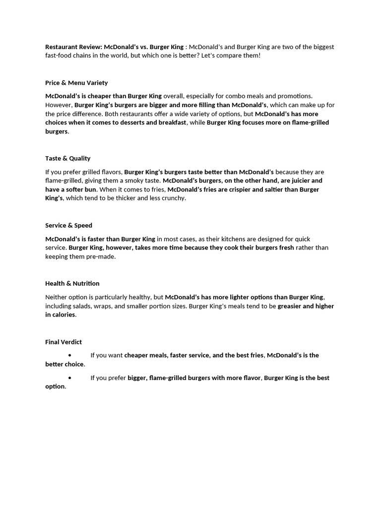 Comparison of Two Restaurants | PDF