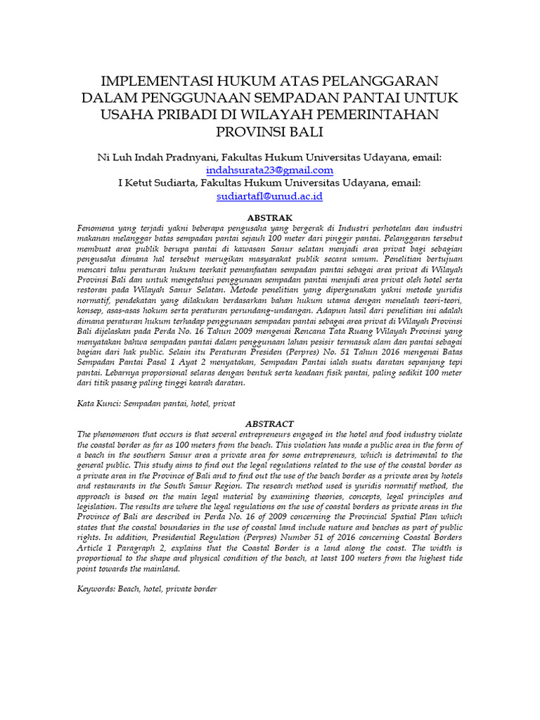 IMPLEMENTASI HUKUM ATAS PELANGGARAN SEMPADAN PANTAI DI BALI | PDF