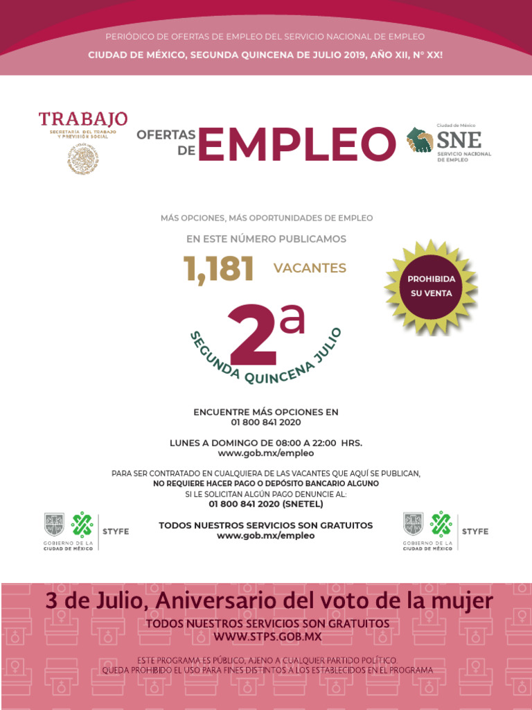 Periodico Ofertas Empleo CDMX 2a Julio STYFE 16072019 | PDF