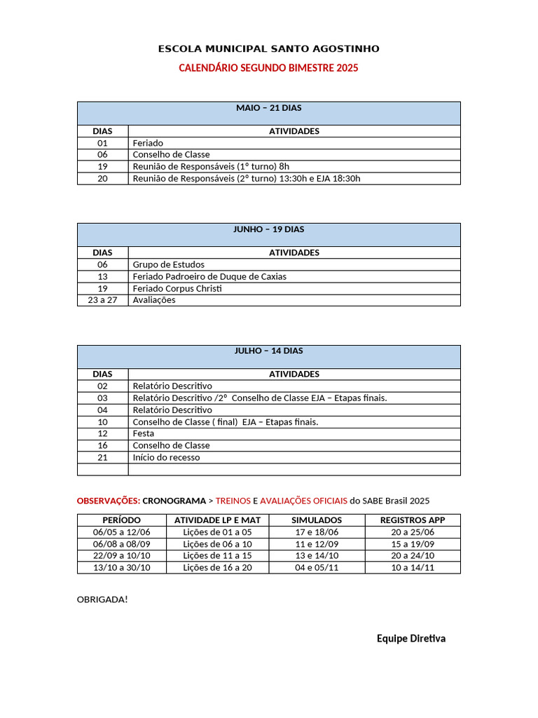 Calendário Segundo Bimestre | PDF