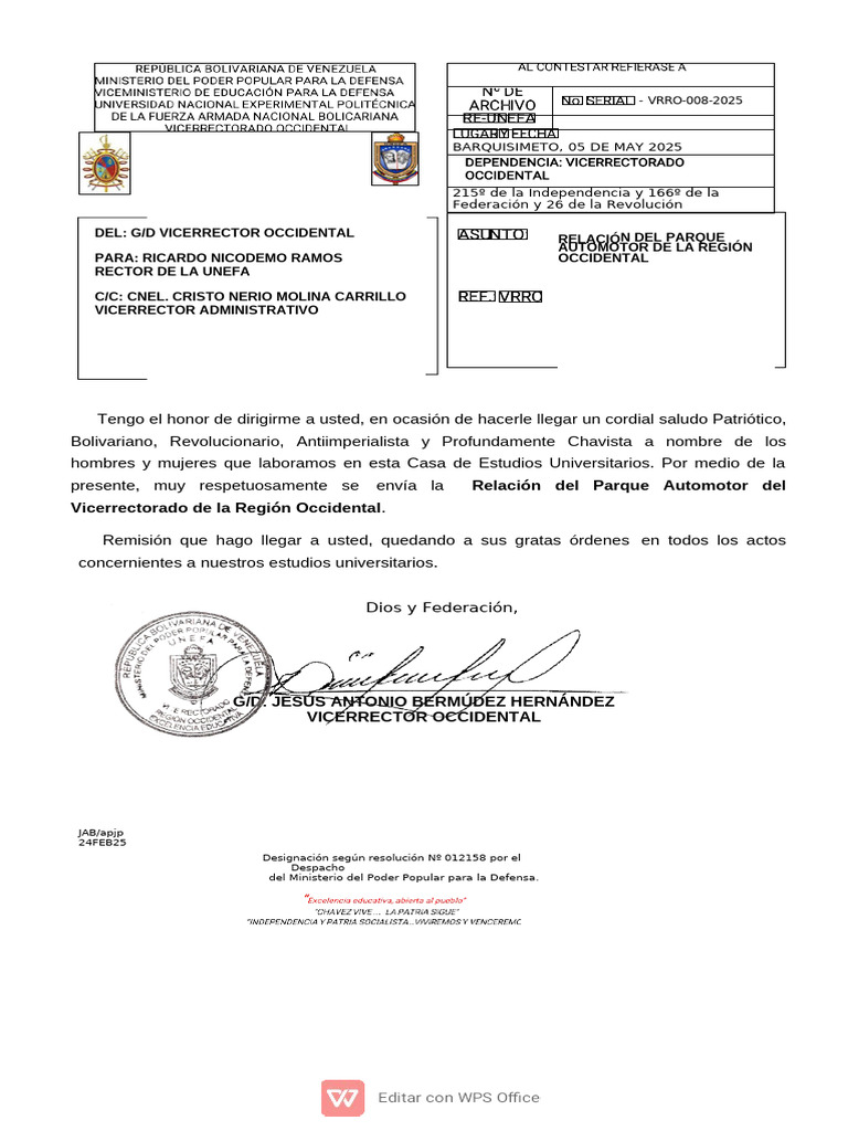 OFICIO VRRO-019-2025 Relación Del Parque Automotor Del Vicerrectorado de La Región Occidental. | PDF