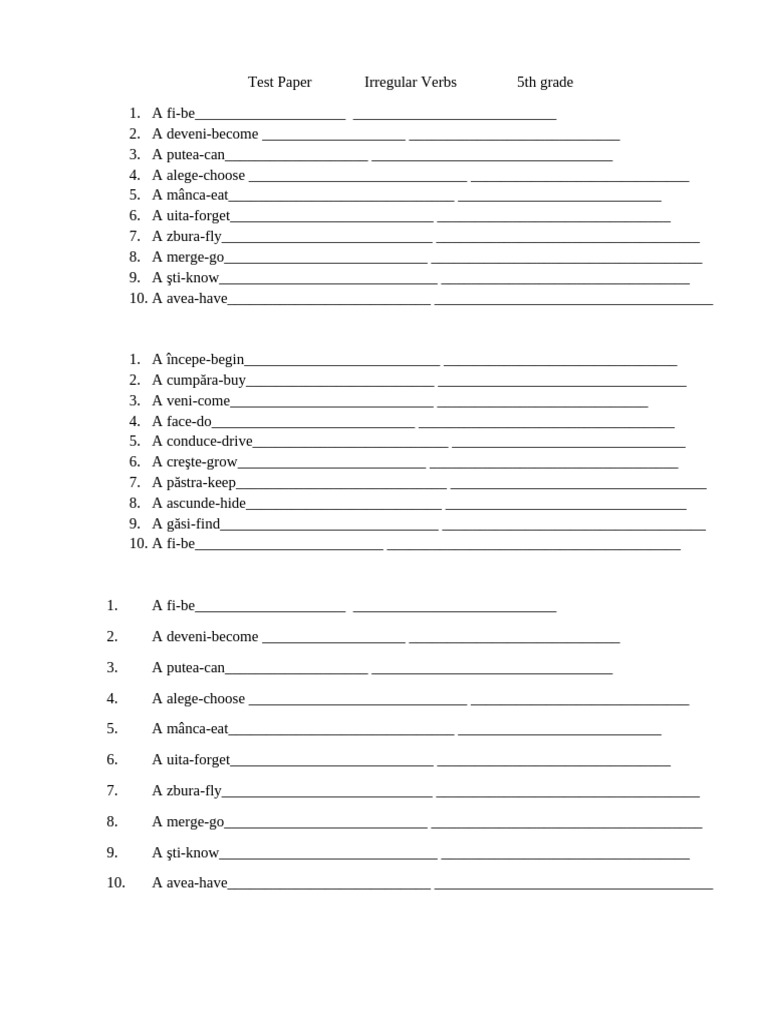 Test Paper Irregular Verbs 5th Grade | PDF