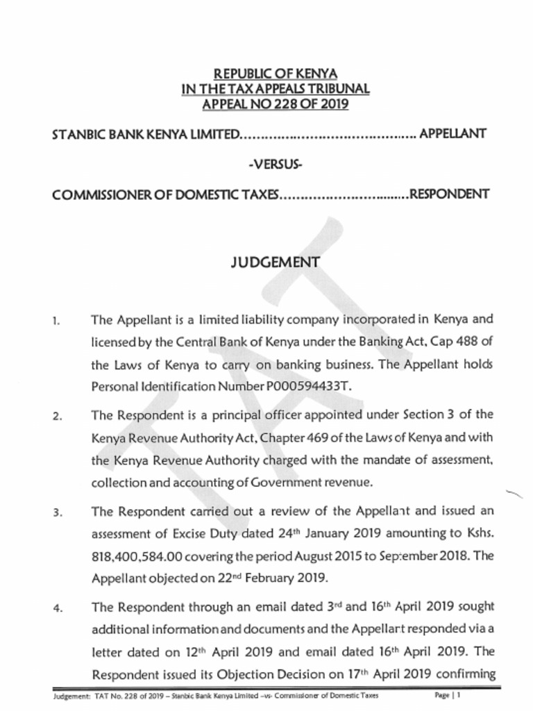 Stanbic Bank Kenya Limited-Vs-Commissioner of Domestic Taxes-Tat No.228 of 2019-Judgement (2021 ...