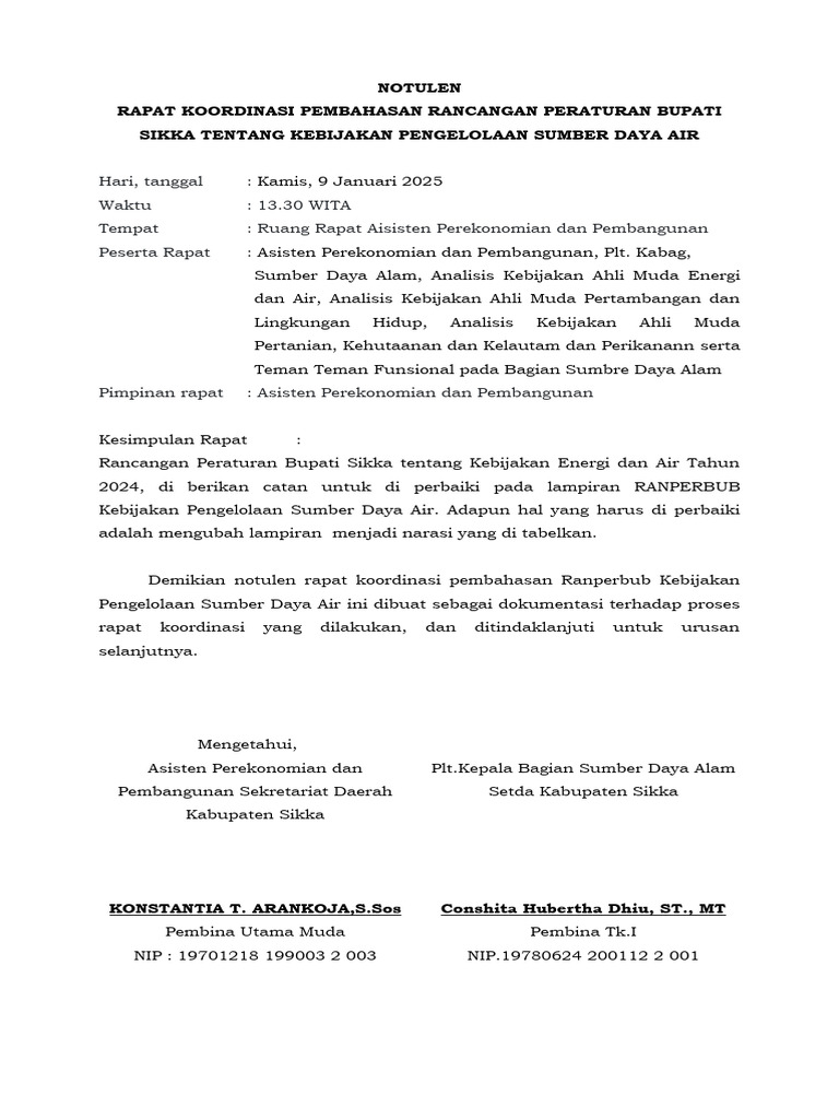 Notulen Rapat Pembahasan Perbub-Pdf-1 | PDF