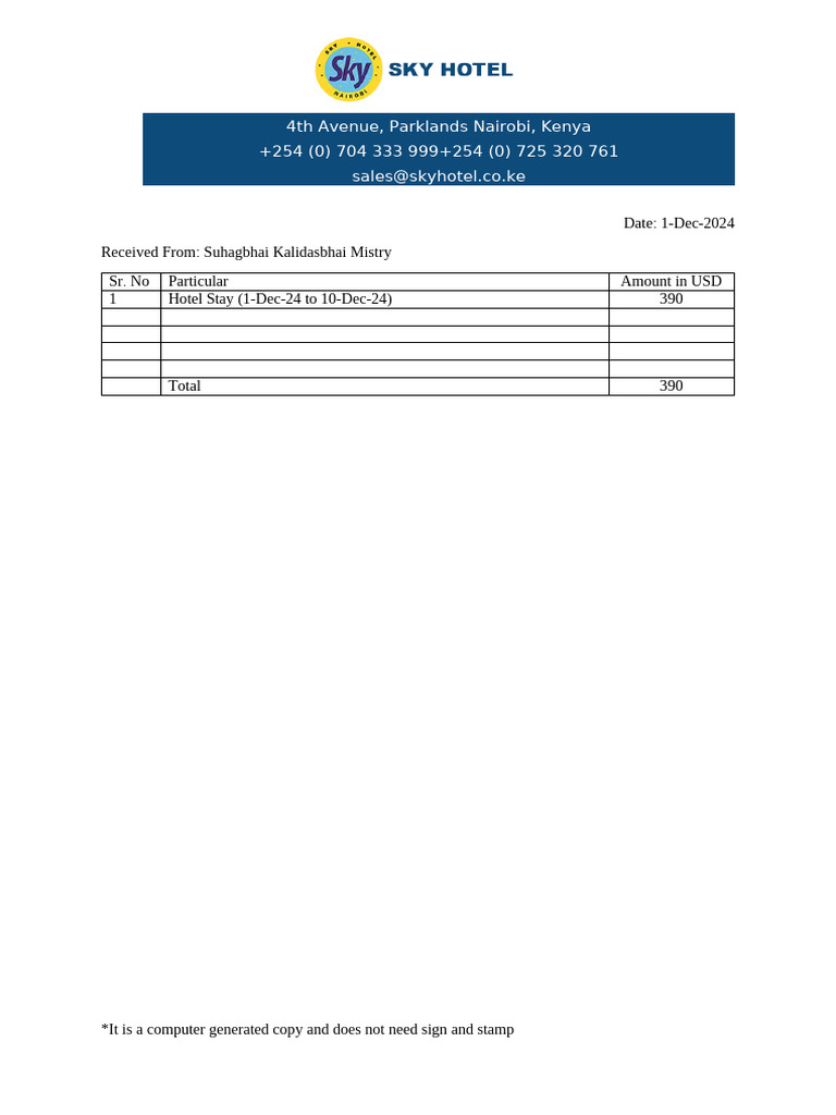 Sky Hotel Bill | PDF