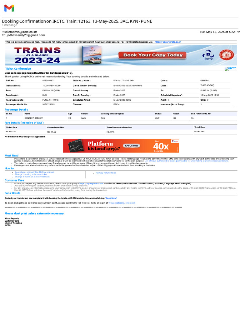 13-May-2025 Gmail - Booking Confirmation on IRCTC, Train_ 12163, , SL ...