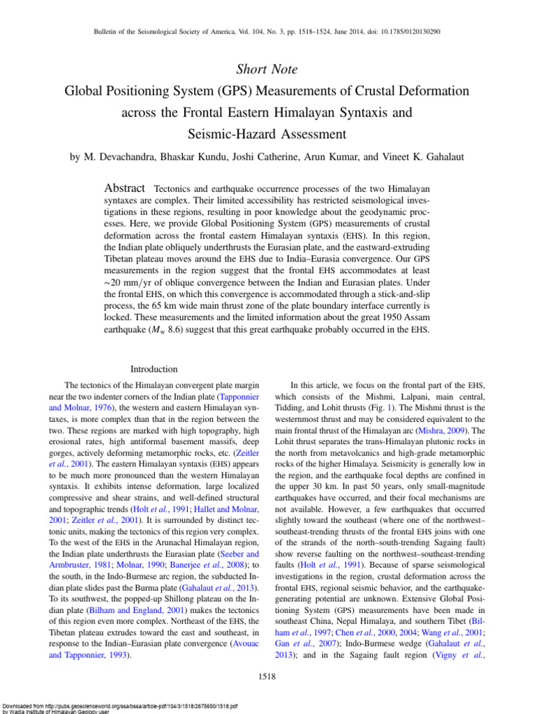 BSSA 2014 GPS EHS Bhaskar Kundu | PDF | Earthquakes | Fault (Geology)