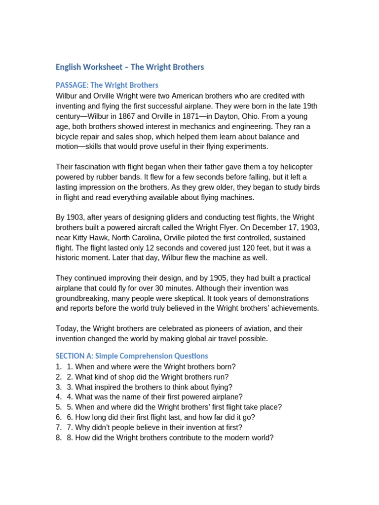 Wright Brothers: First Flight Worksheet | PDF | Wright Brothers ...
