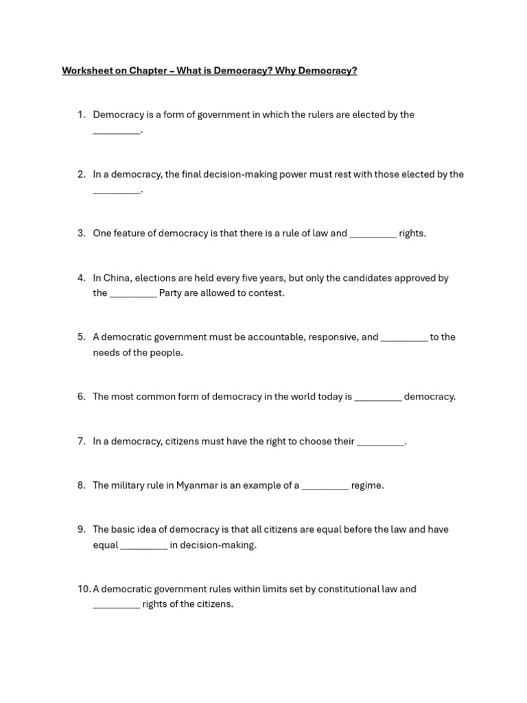 Worksheet On Chapter - What Is Democracy? Why Democracy? | PDF