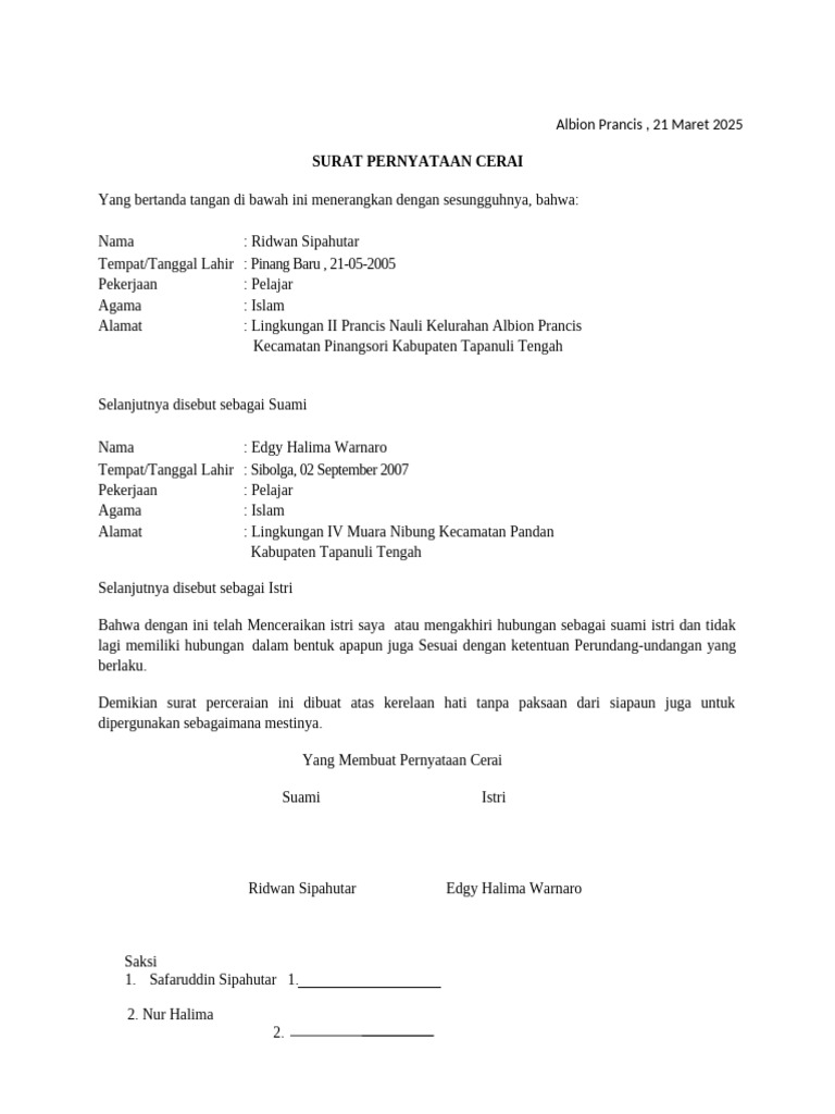 Contoh Surat Cerai | PDF