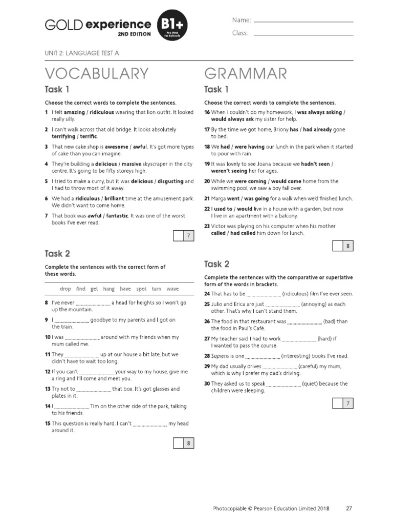 Gold - Experience - b1 - teachersTEST Unit 2 A and B | PDF