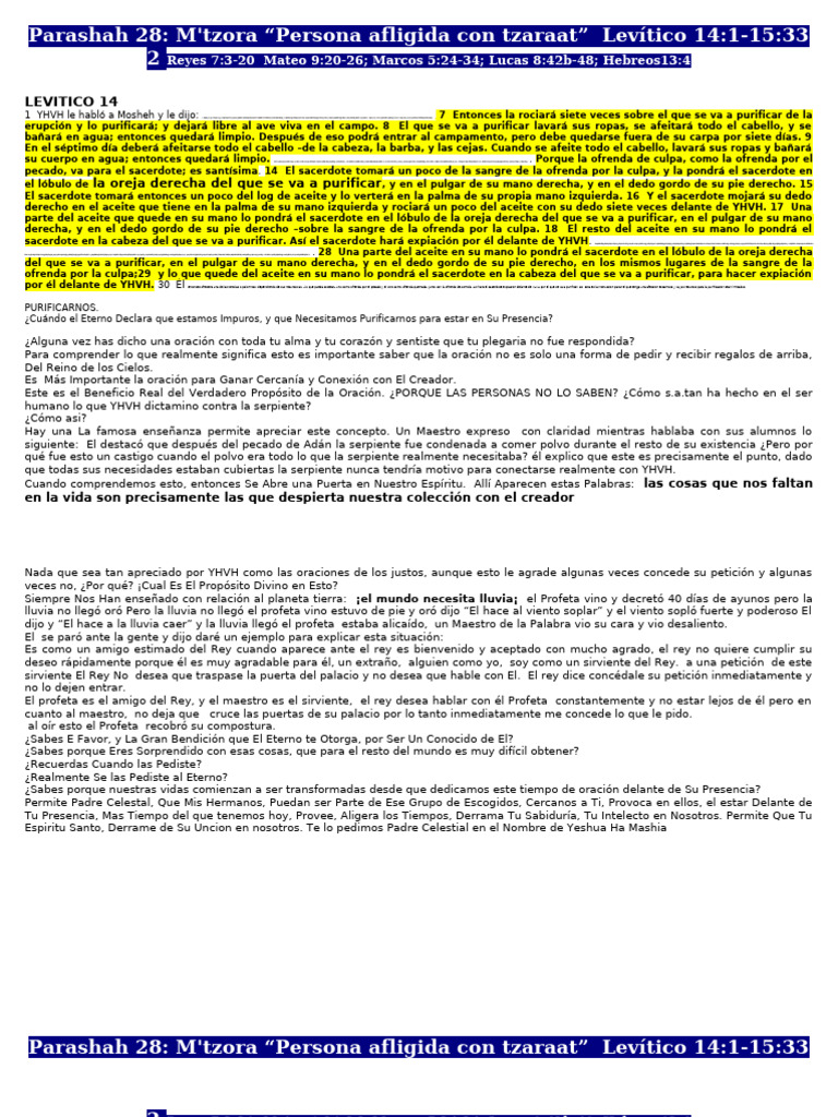 Parashah 28 Mtzora Persona Afligida Con Tzaraat Levítico 14 Y 15 Abril ...