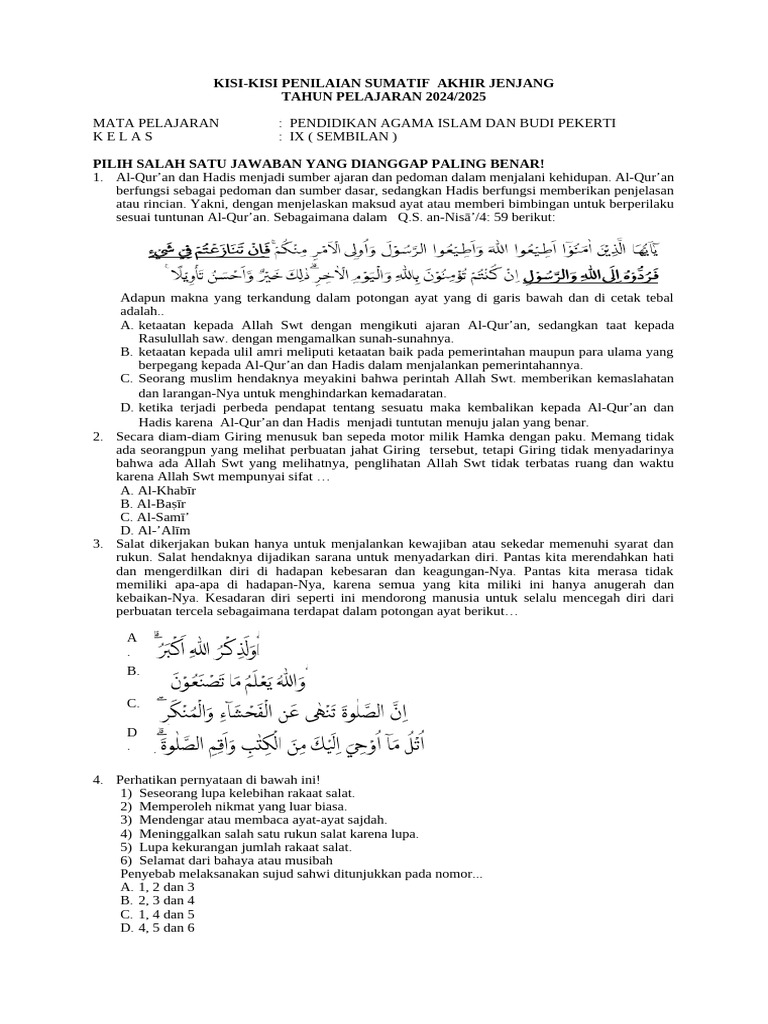 Soal Psaj Paibp Ix 2024-2025 Tanpa Kunci Jawaban | PDF