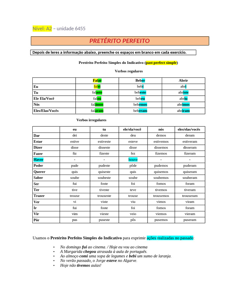 PRETÉRITO PERFEITO - Tabela Verbos Regulares e Irregulares | PDF