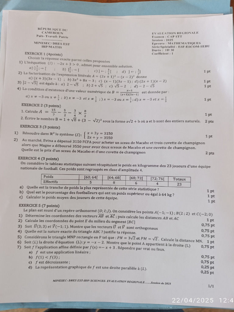 Cap Blanc Mathématique – Sujet De Maths Cap – BSBF