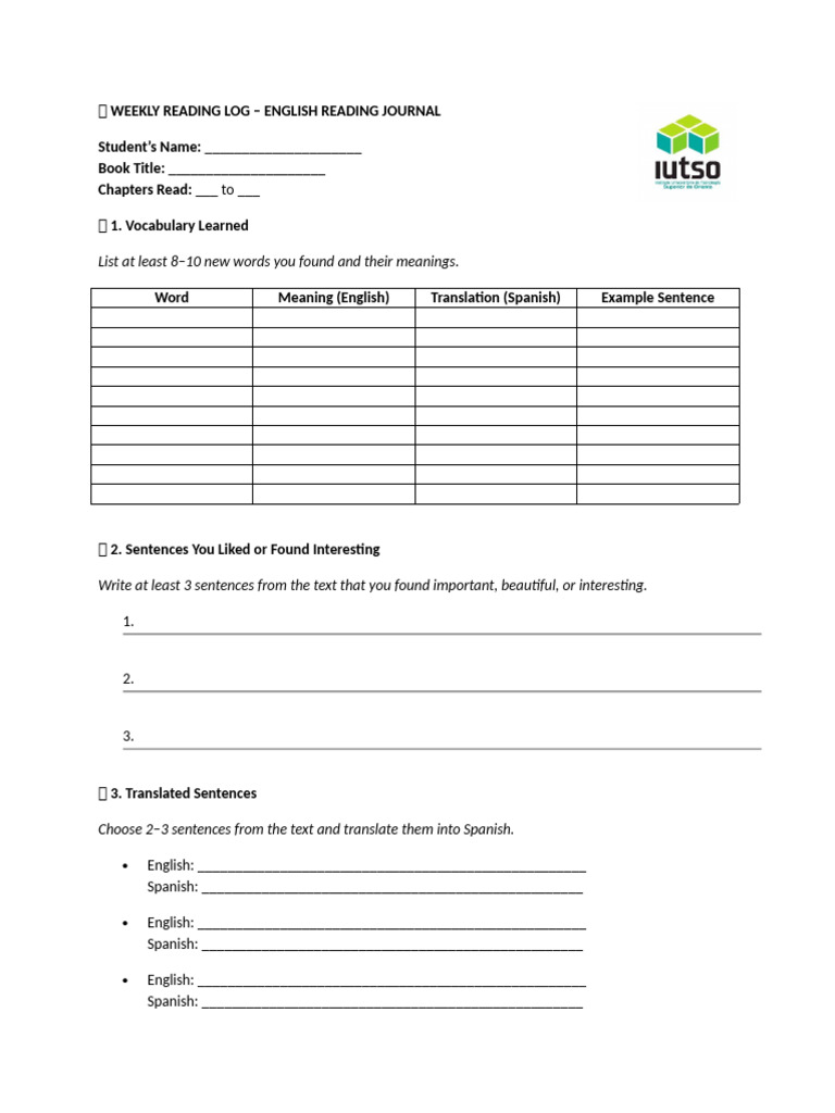 Weekly Reading Log - English Reading Journal | PDF